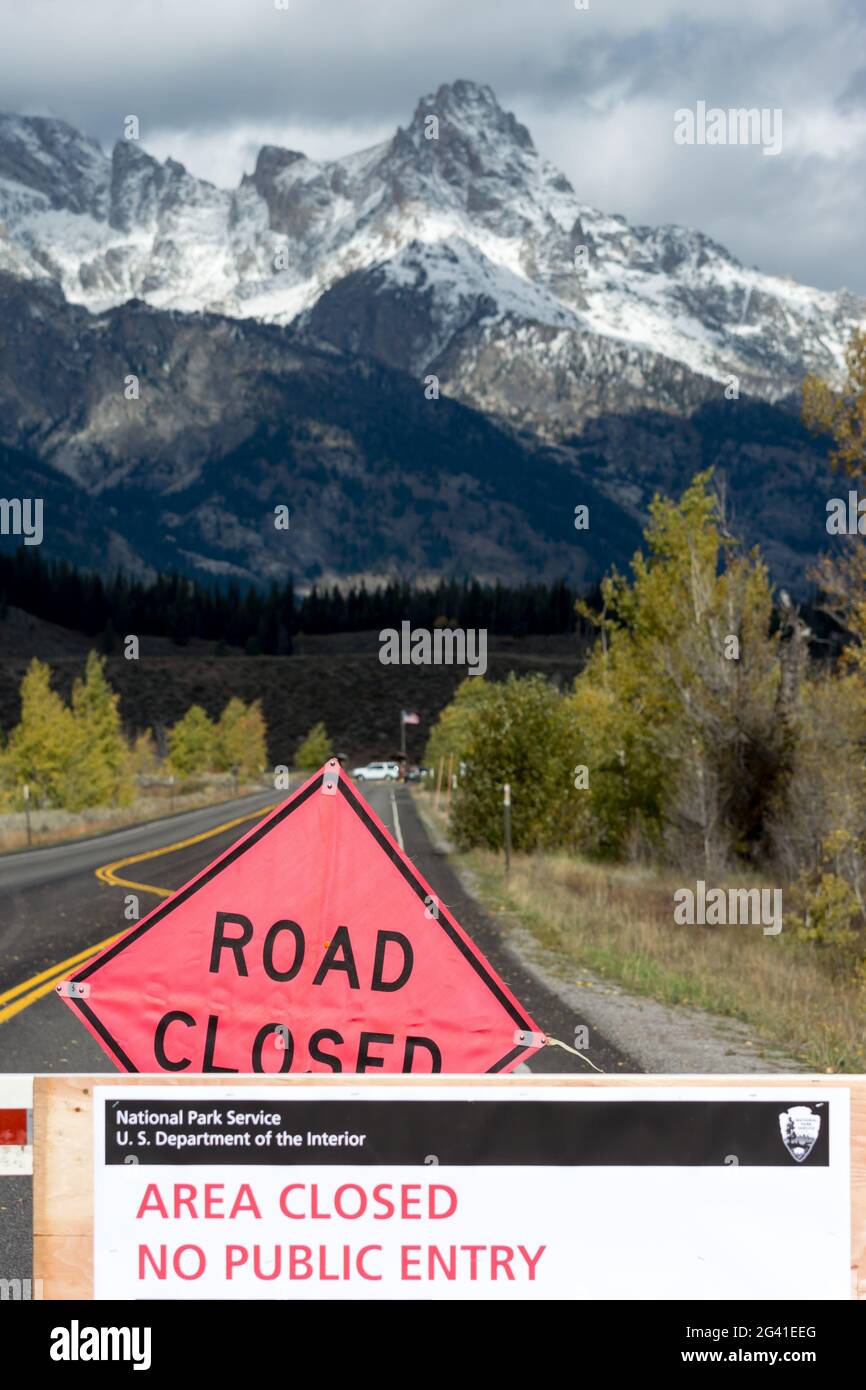 US National Parks closure sign at entrance to the Grand Tetons National ...