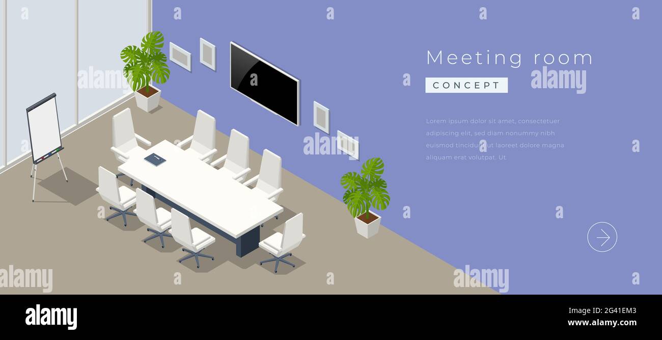 Isometric modern meeting room interior with empty poster on concrete ...
