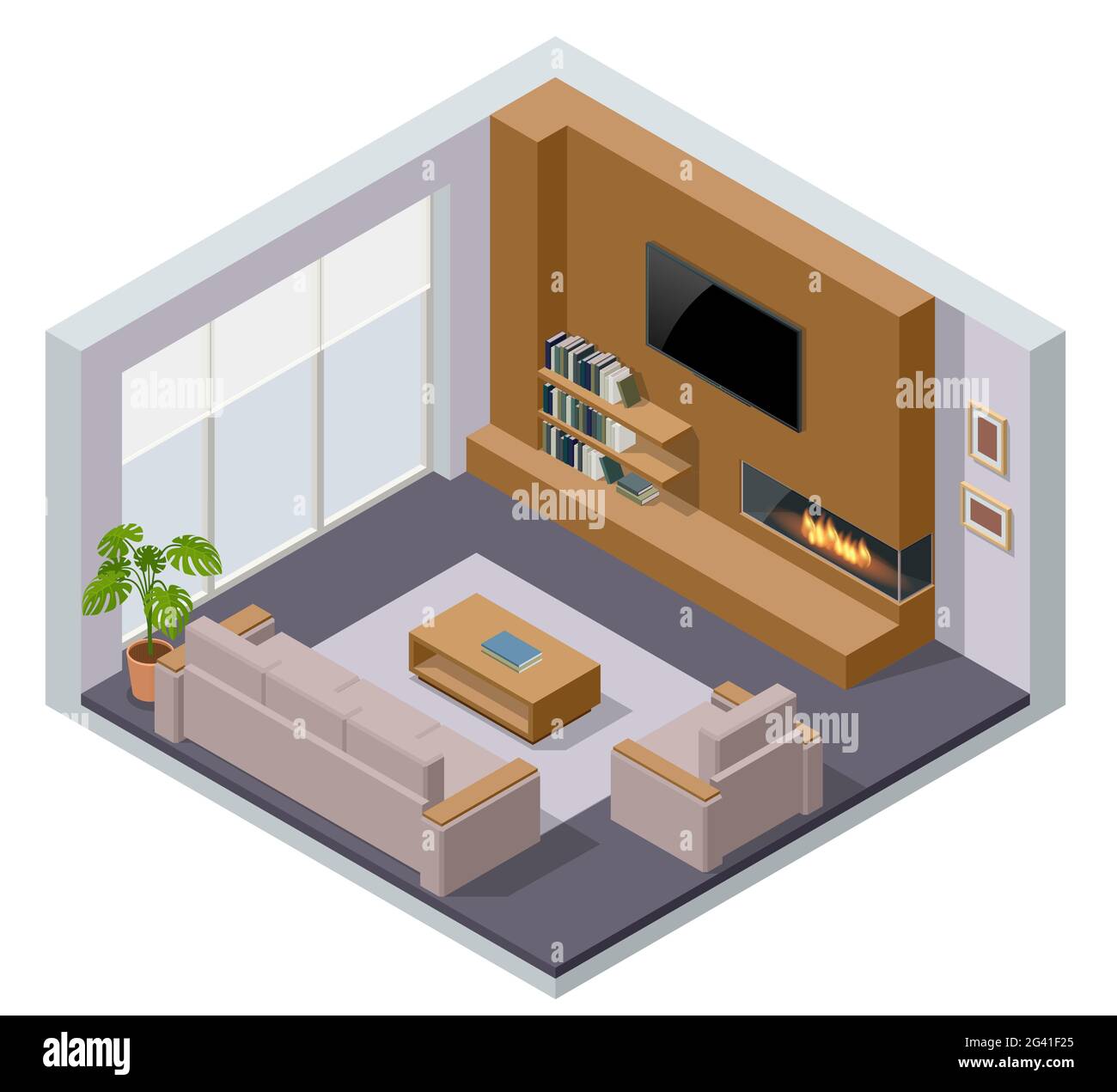 Isometric large luxury modern bright interiors room, fireplace and tv ...