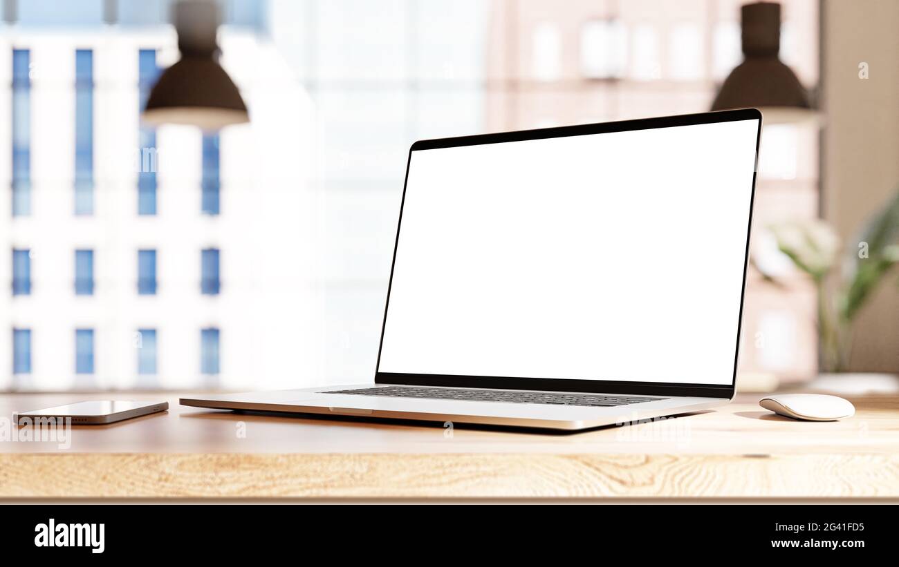 Laptop with frameless blank screen mockup template on the table in ...