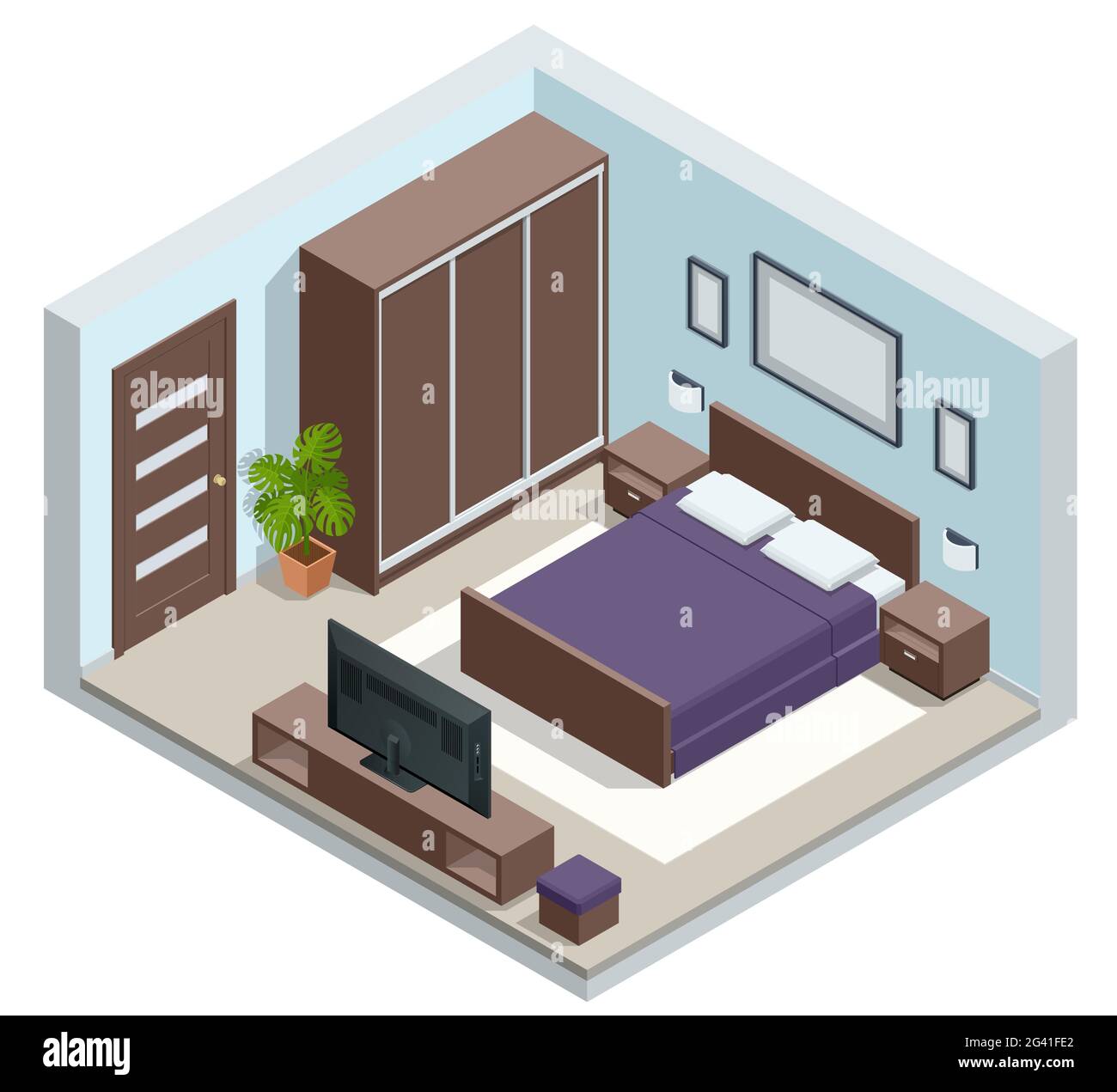 Isometric Minimalist Bedroom Interior with Double Bed. Urban ...