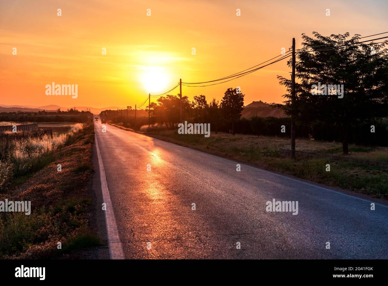 Landscape with a straight road with lamp posts on one side and vehicles ...