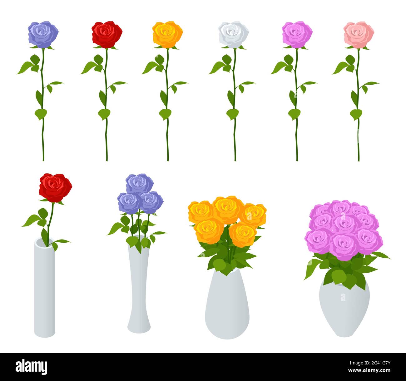 Isometric set of branches of red, white, pink, blue roses isolated on a ...