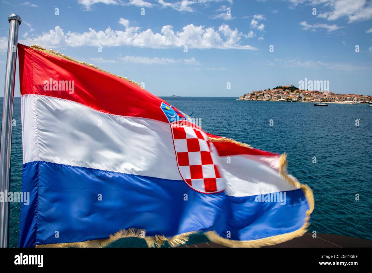 Croatian national flag on board the cruise ship, Primosten, Šibenik ...