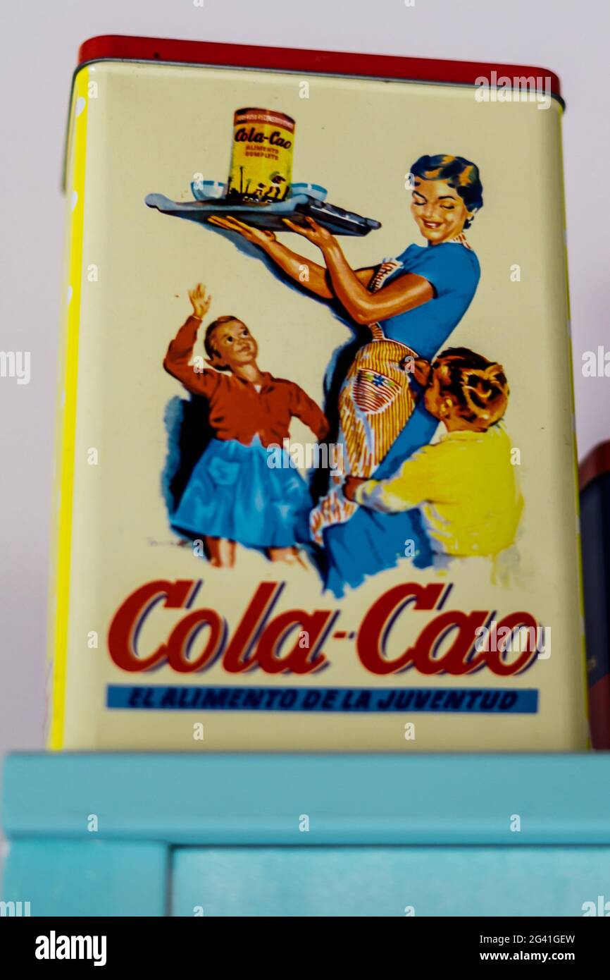 Barcelona, Spain - June 4, 2021. Old box of soluble cocoa, Cola Cao ...