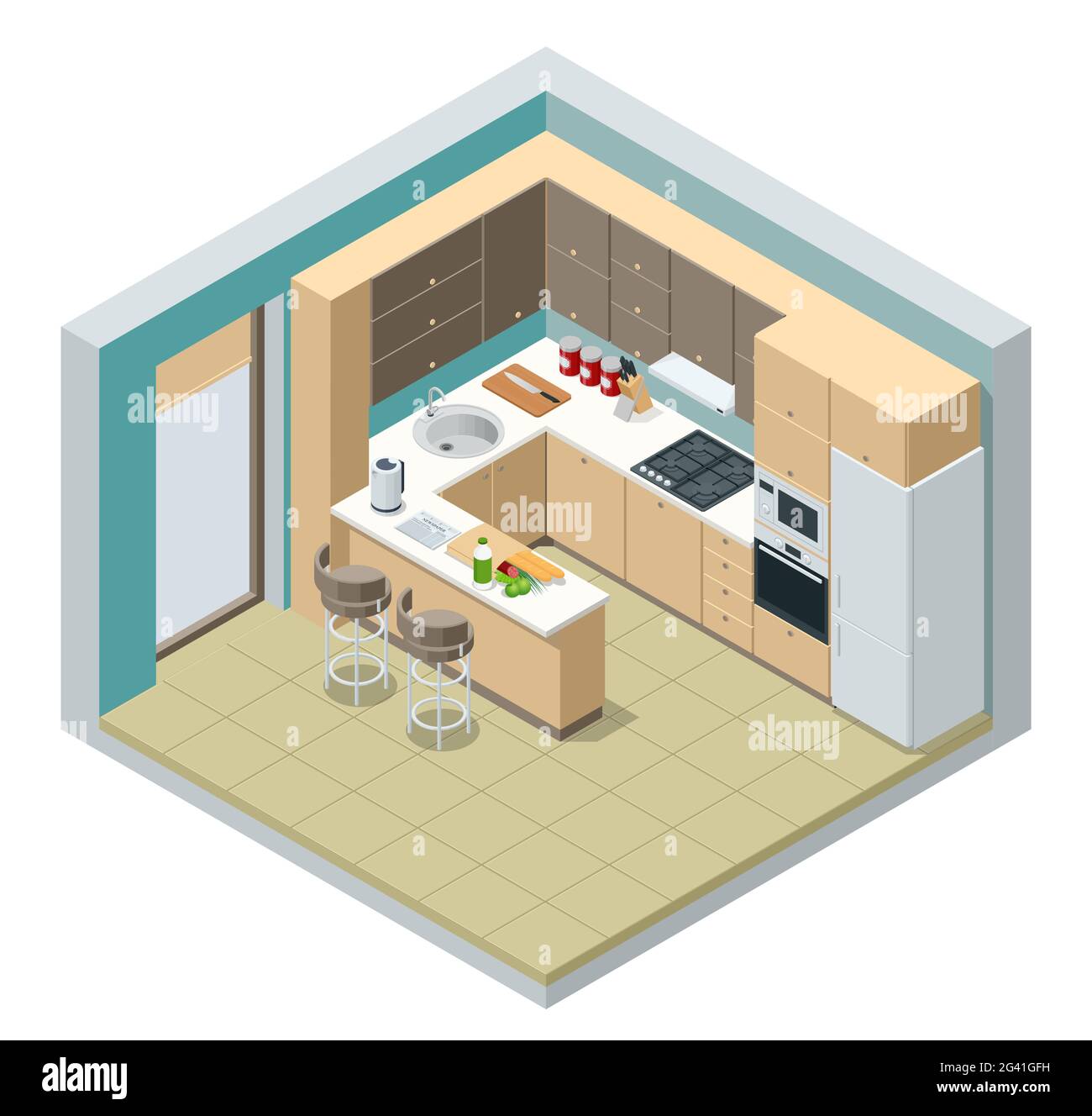 Isometric minimalist kitchen room interior with dinning furniture on a ...