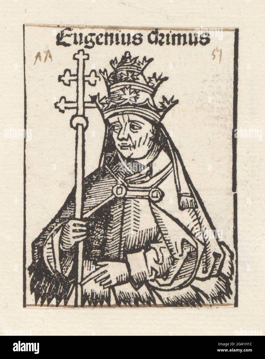 Pope Eugenius I; Eugenius Primus; Liber chronicarum. A flower celk with ...