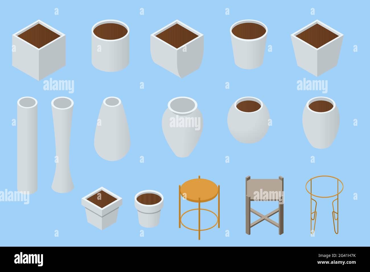 Isometric original flower pots and vases white color isolated on a ...