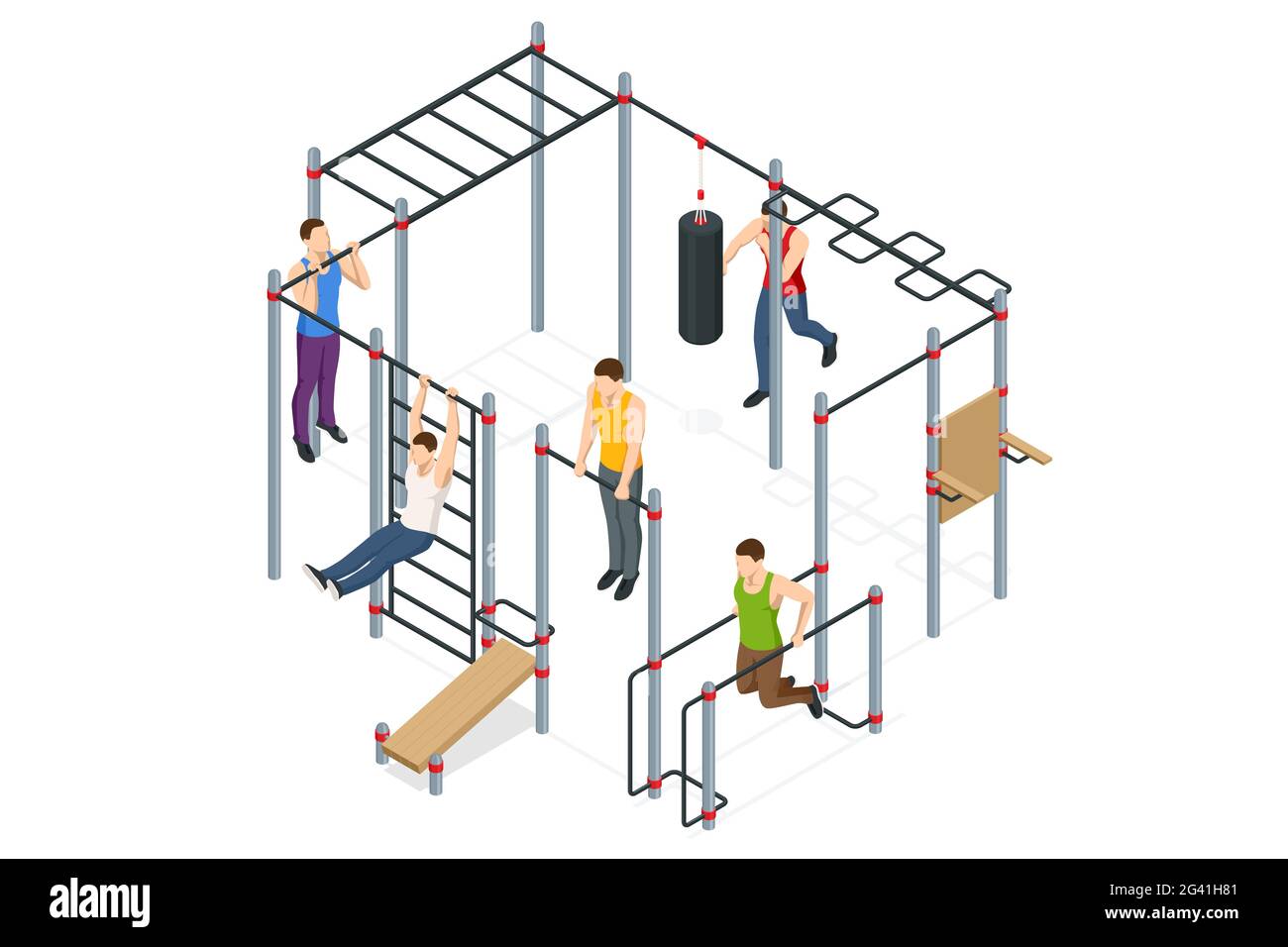 Isometric sportsmen making workout, pull-ups, barbell, push-ups, weight ...