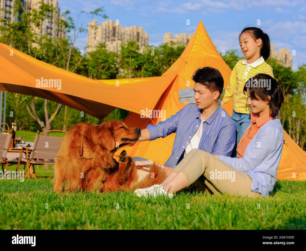 Happy family of three and pet dog in the park high quality photo Stock ...
