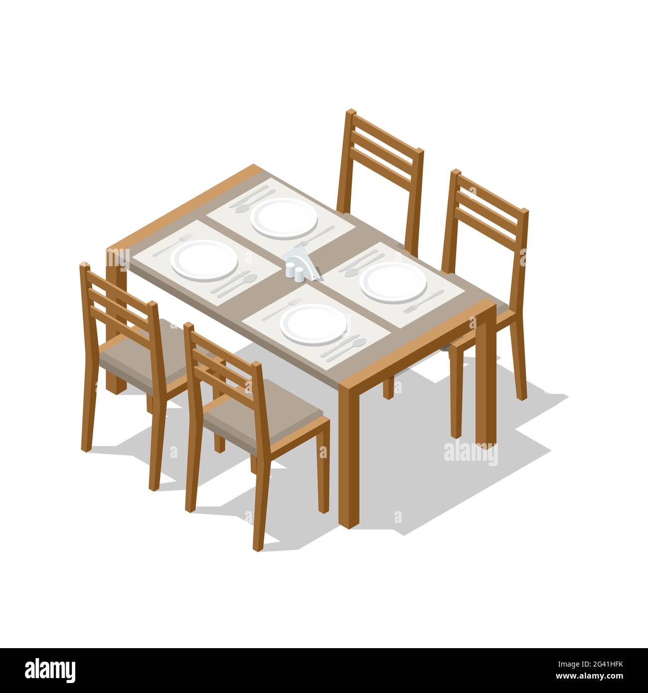 Isometric dining wooden table with four chairs isolated on white ...