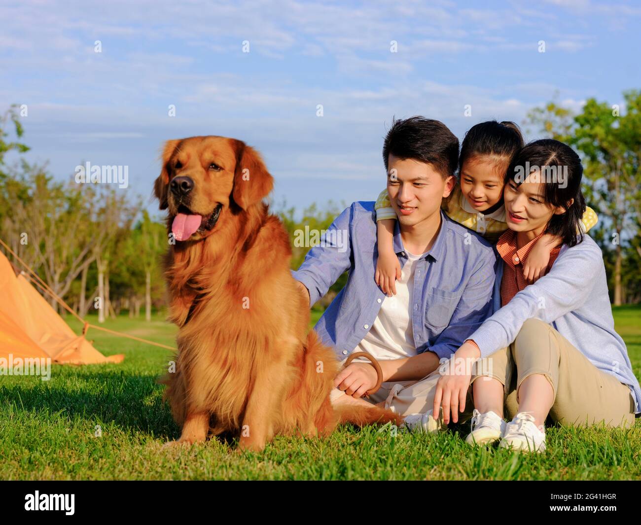 Happy family of three and pet dog in the park high quality photo Stock ...