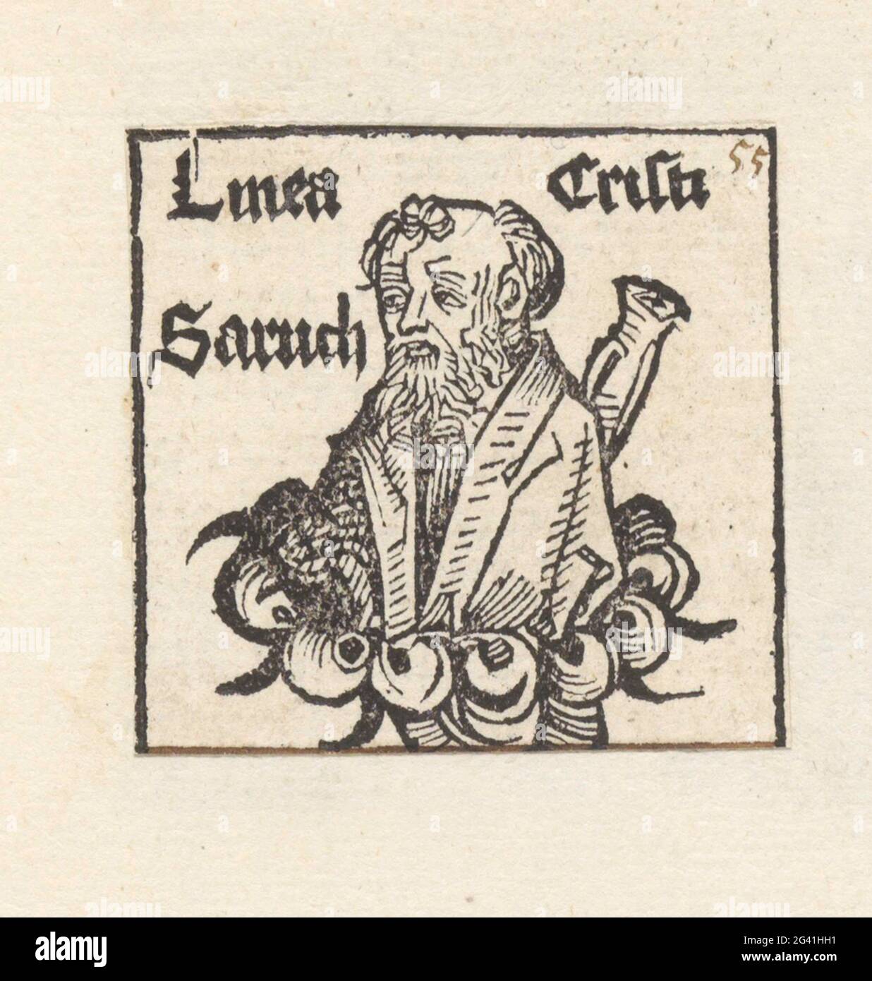 Serug; Saruch; Liber chronicarum. A flower celk with a bearded man ...