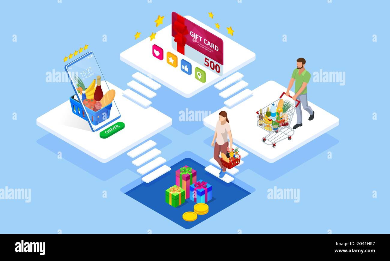 Isometric Online Food Ordering From Supermarket Using Mobile App Shopping Basket With Fresh