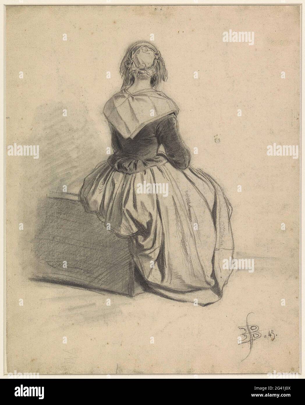 Woman sitting on a coffin, seen on the back Stock Photo - Alamy