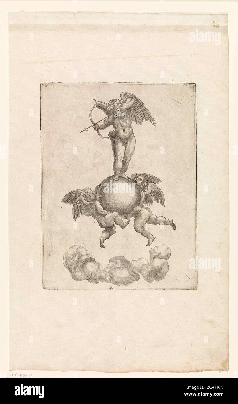 Love. Amor, standing on a sphere above a cloud, tries to shoot an arrow ...