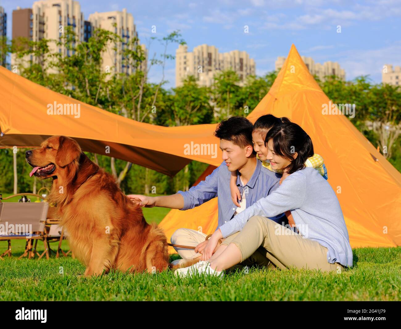 Happy family of three and pet dog in the park high quality photo Stock ...