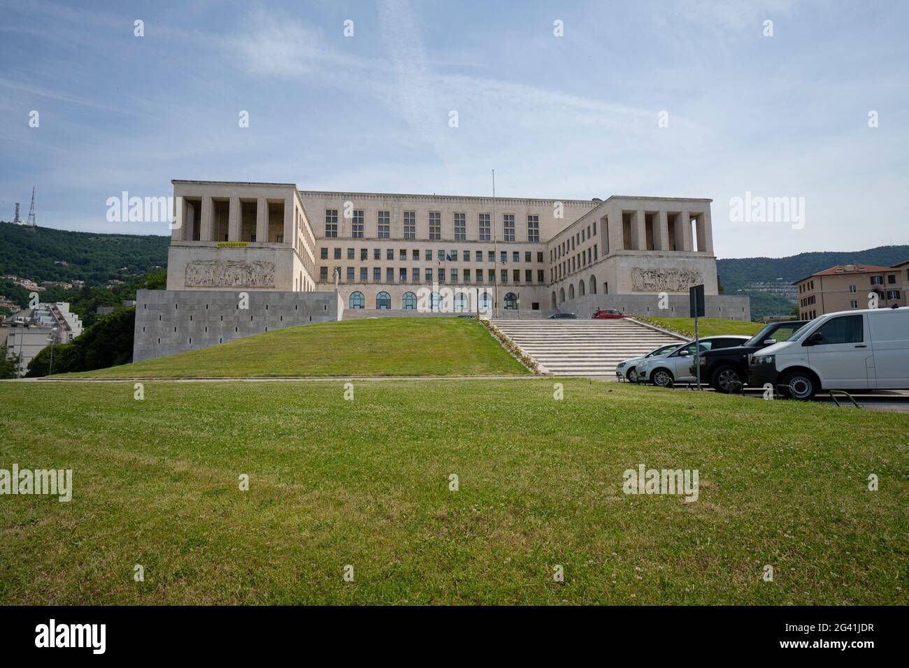Trieste, Italy. June 13, 2021. Panoramic view of the building that ...