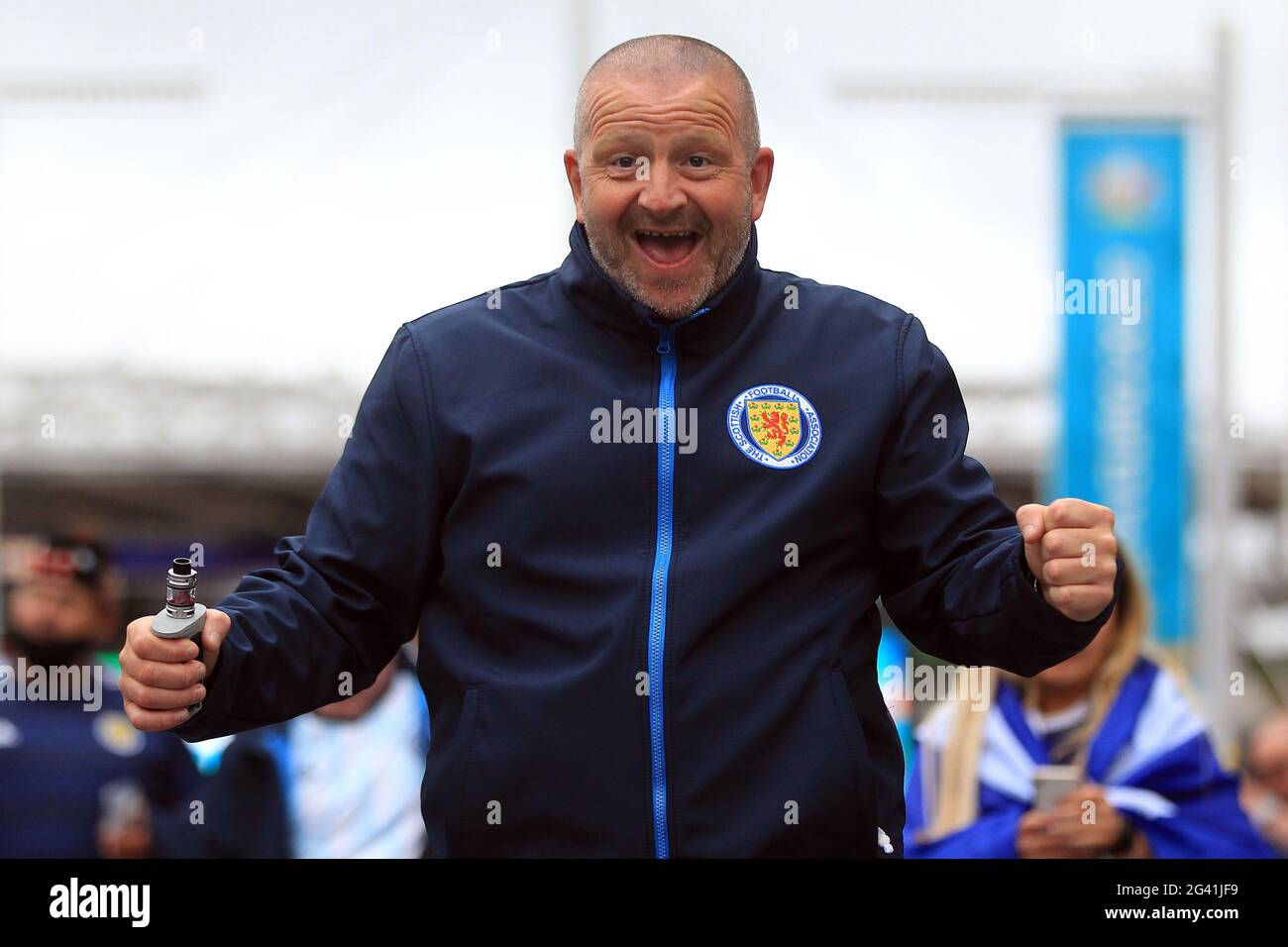 London, UK. 18th June, 2021. A Scotland fan shows his colours outside ...