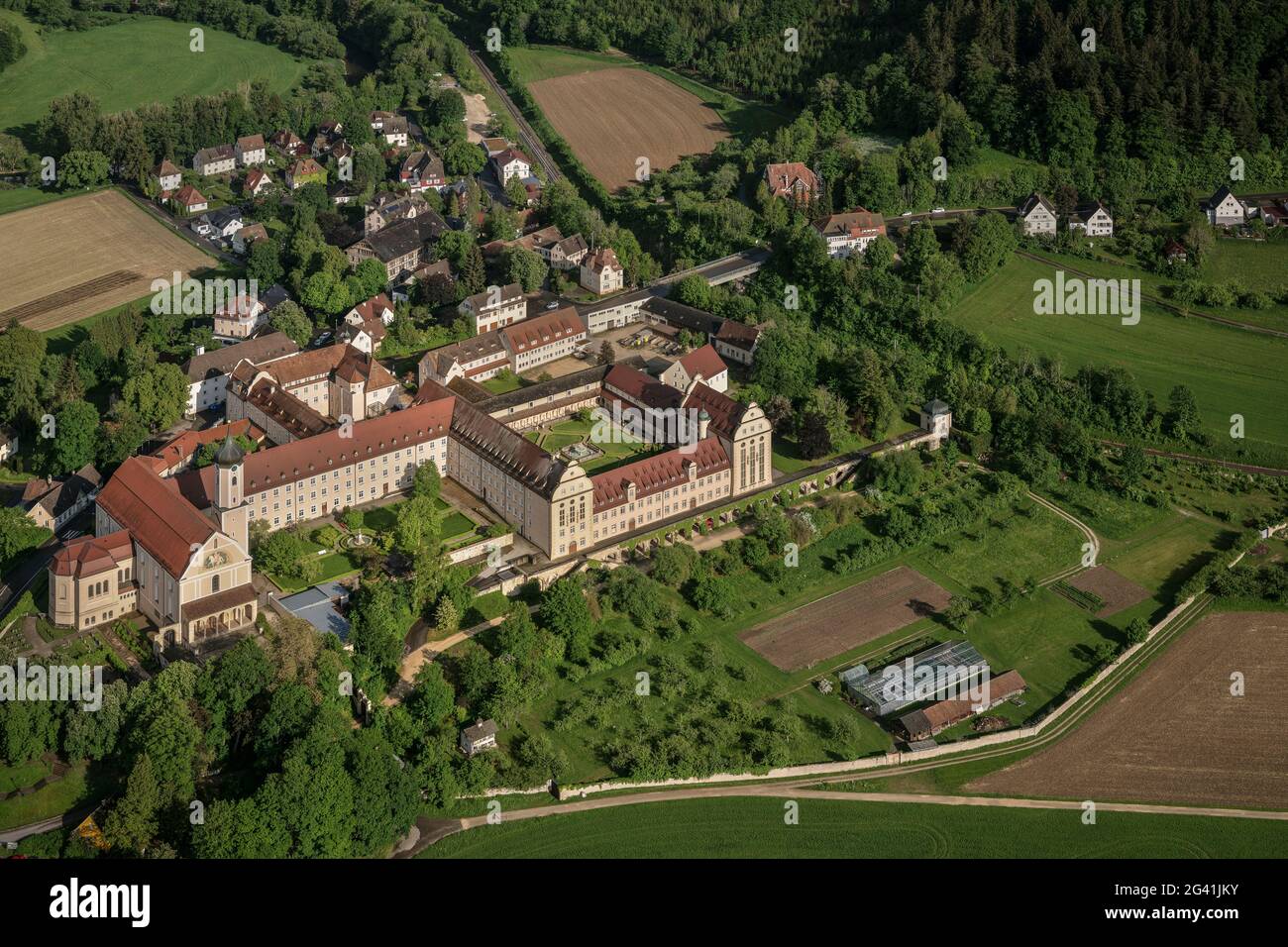 Beuron Abbey, aerial view of the Upper Danube Valley Nature Park ...