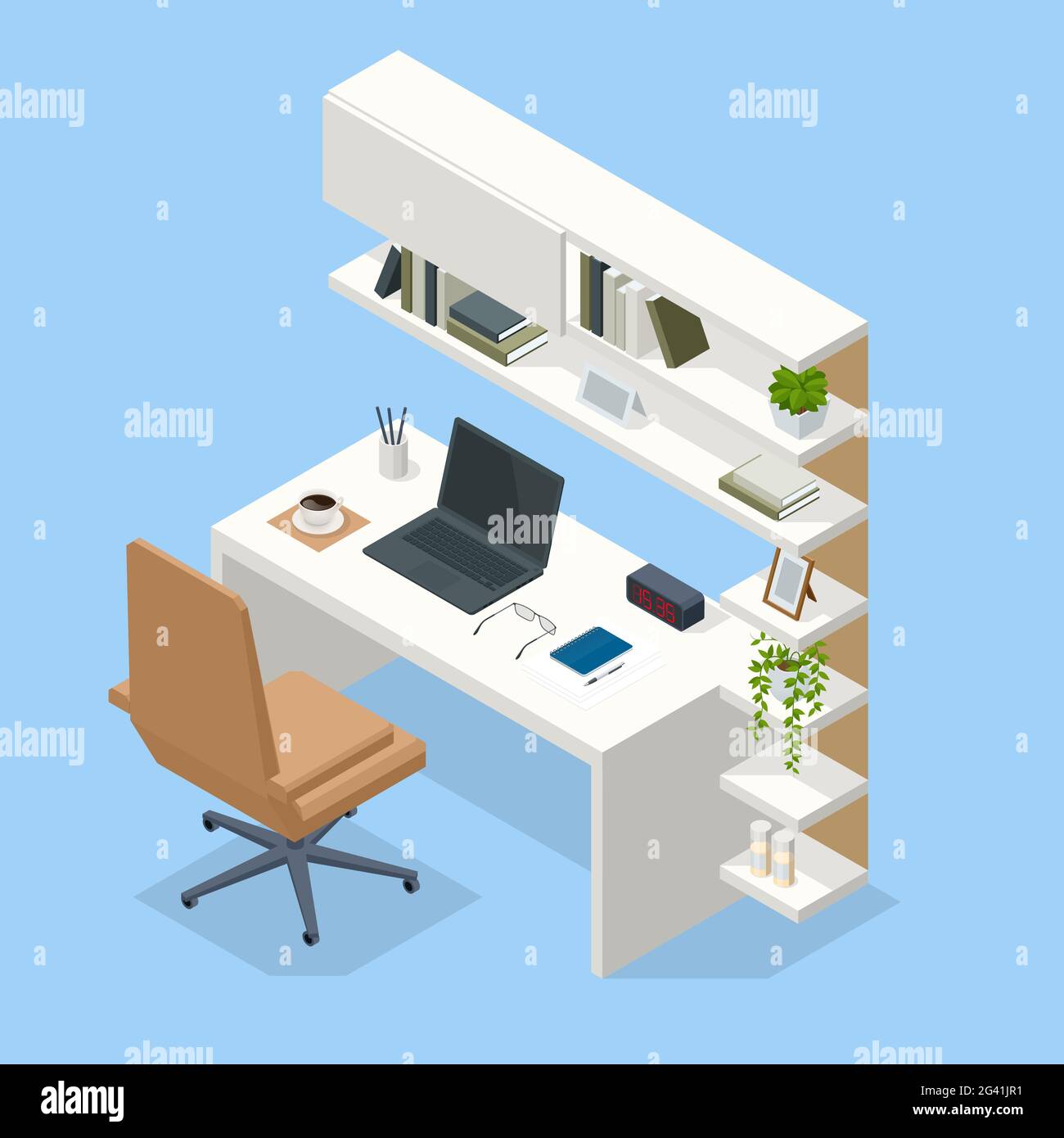 Isometric Contemporary workspace. Interior modern living room workspace ...