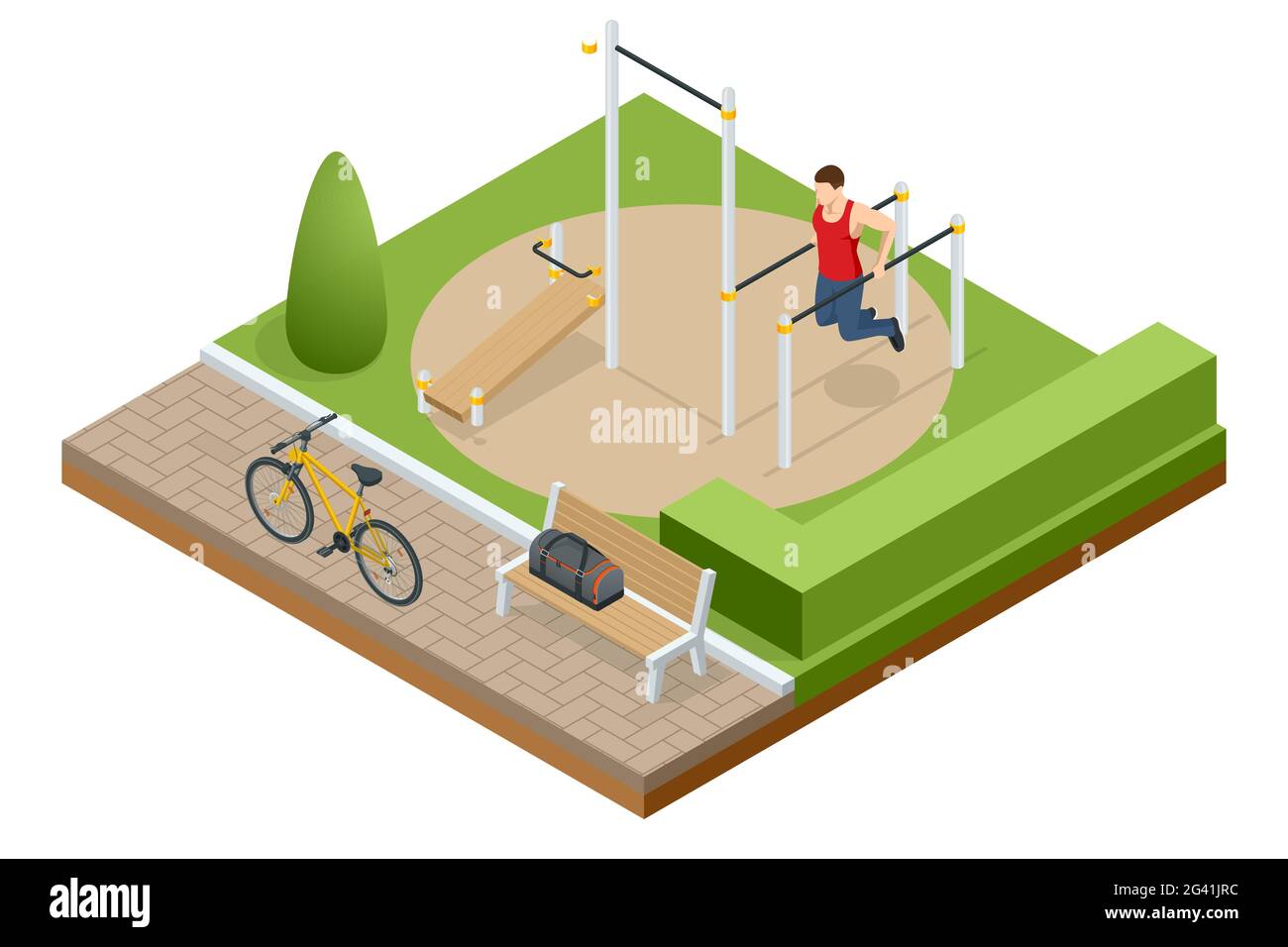 Isometric sportsman making workout, push-ups and exercises. Street ...
