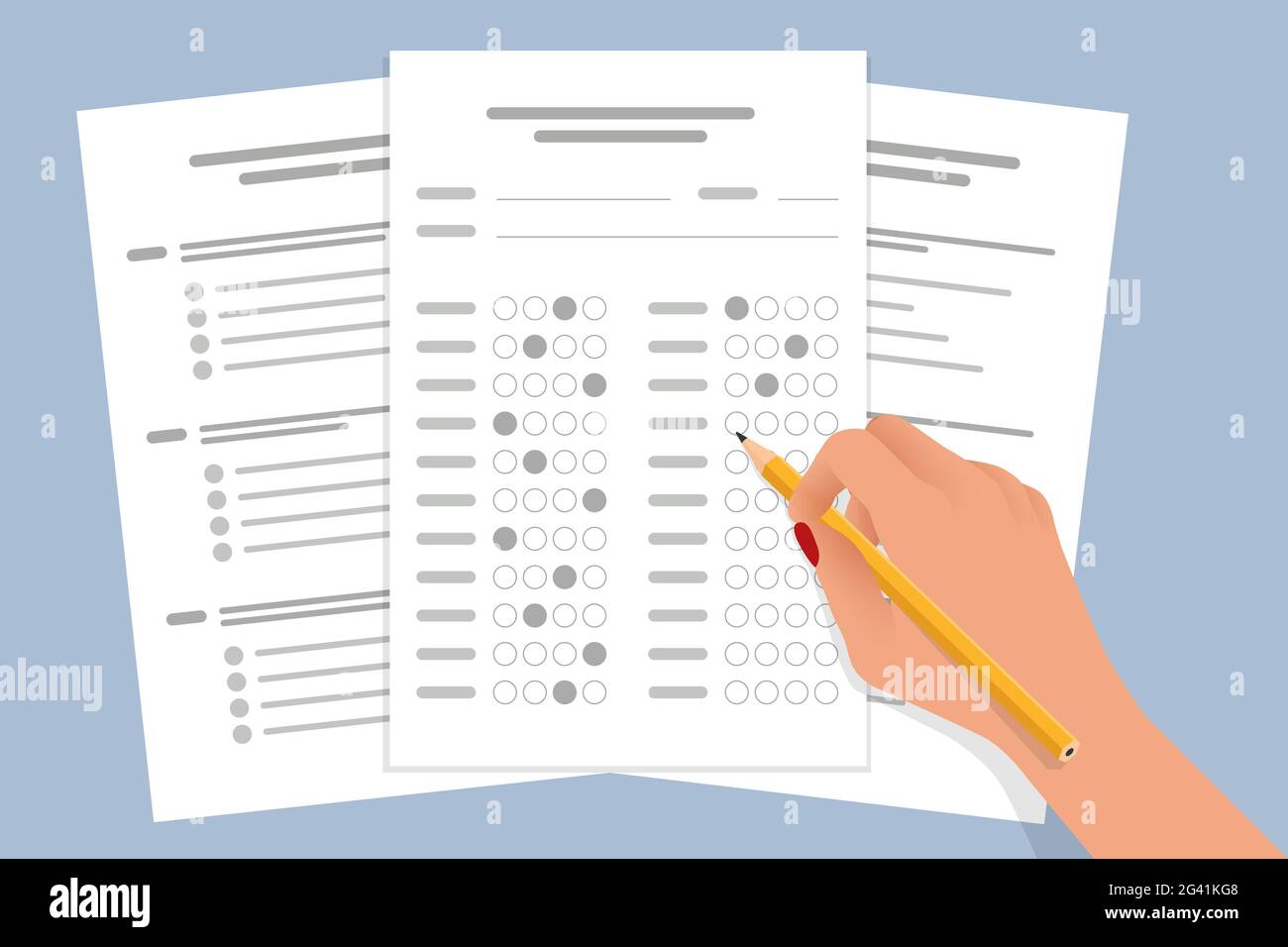 The student filling out answers to exam test answer sheet with a pencil ...