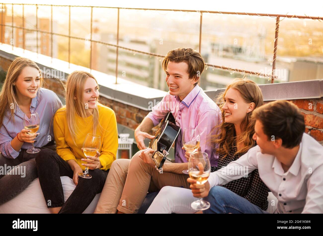 Cheerful friends drinking white wine during roof party Stock Photo - Alamy