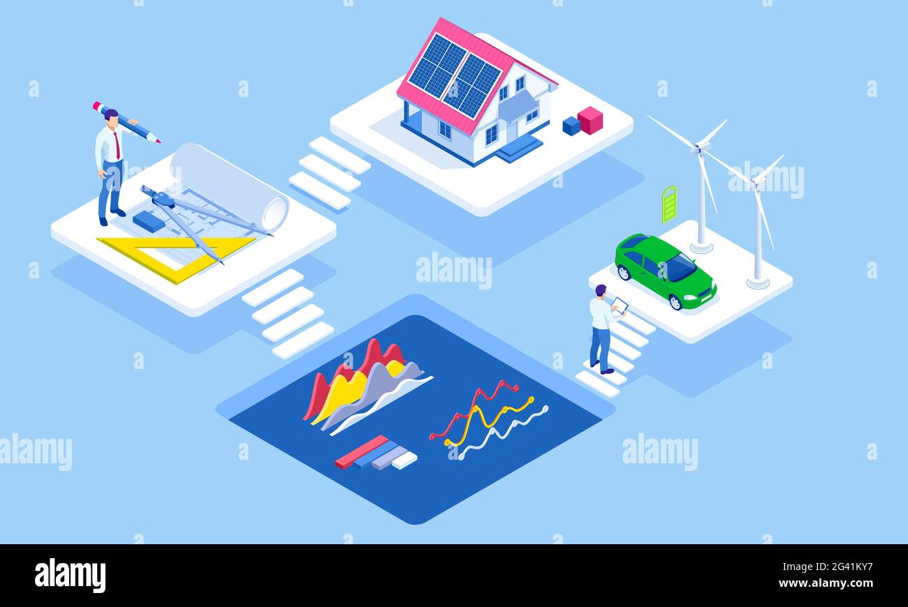 Isometric Solar panels on the roof of a family house. Eco energy and ...