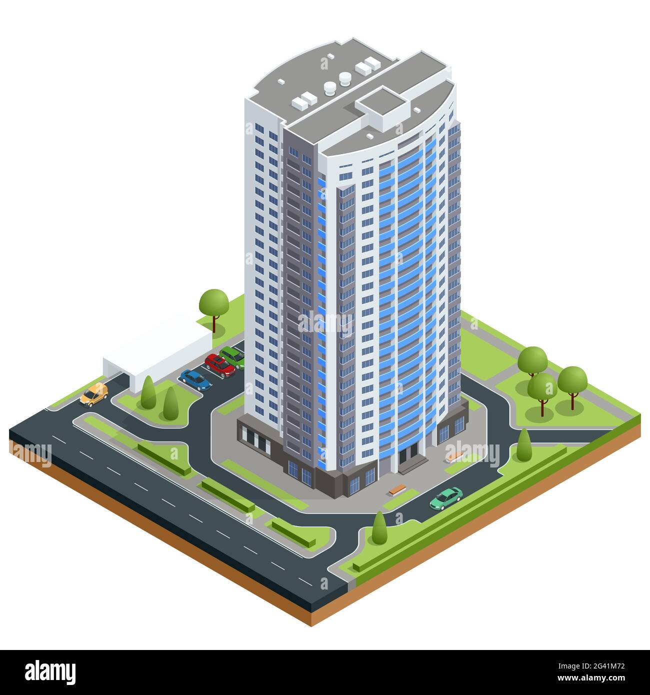 Isometric facade of a multi-storey buildin. Buildings and modern city houses. New residential ...