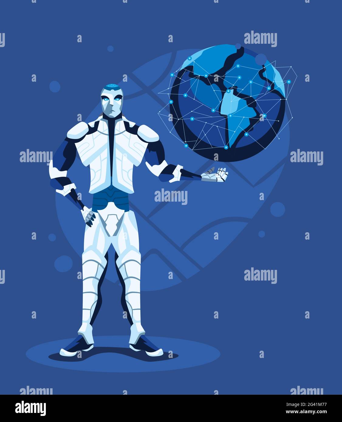 Robot cartoon with world on blue background Stock Vector Image & Art ...