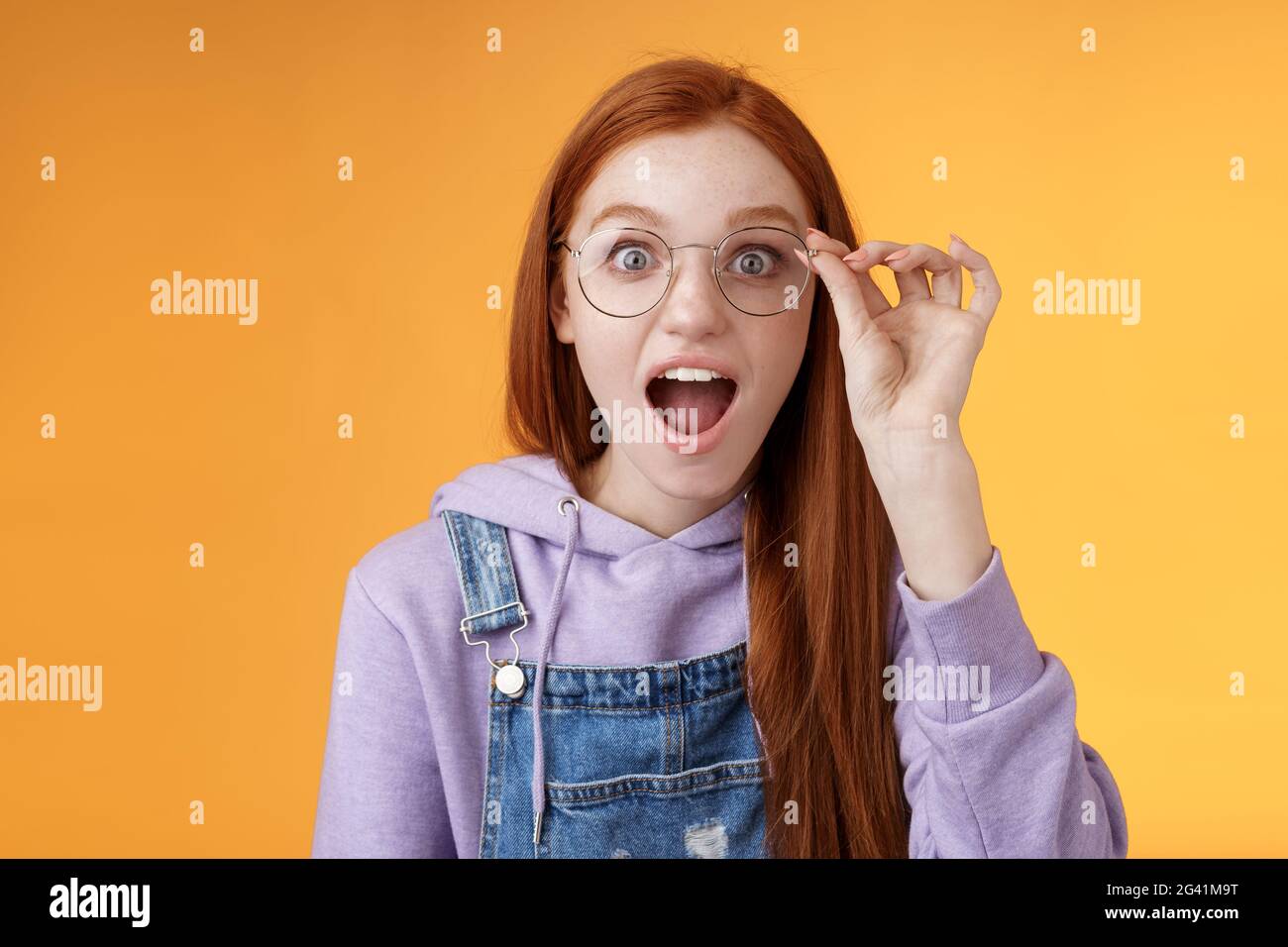 Omg So Cool Portrait Amazed Speechless Excited Redhead Girl Drop Jaw