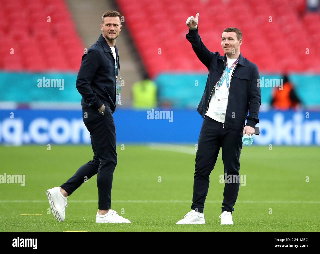 Scotland's Liam Cooper (left) and John Fleck walk the pitch prior to ...
