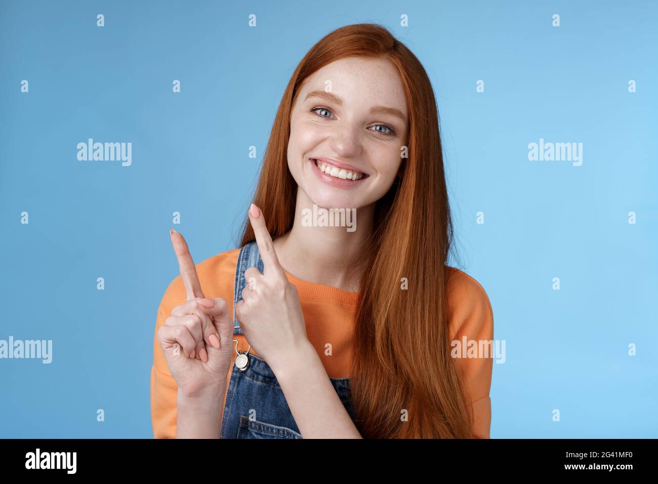 Happy tender redhead girl sincerely smiling white teeth helpful look ...