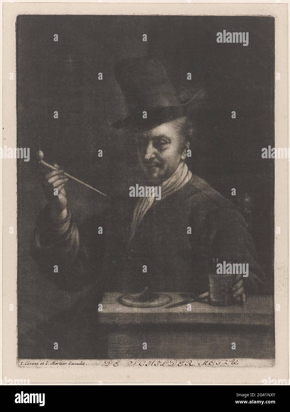 Piping man. A man with a top hat is sitting at a pipe to smoke pipe. In ...