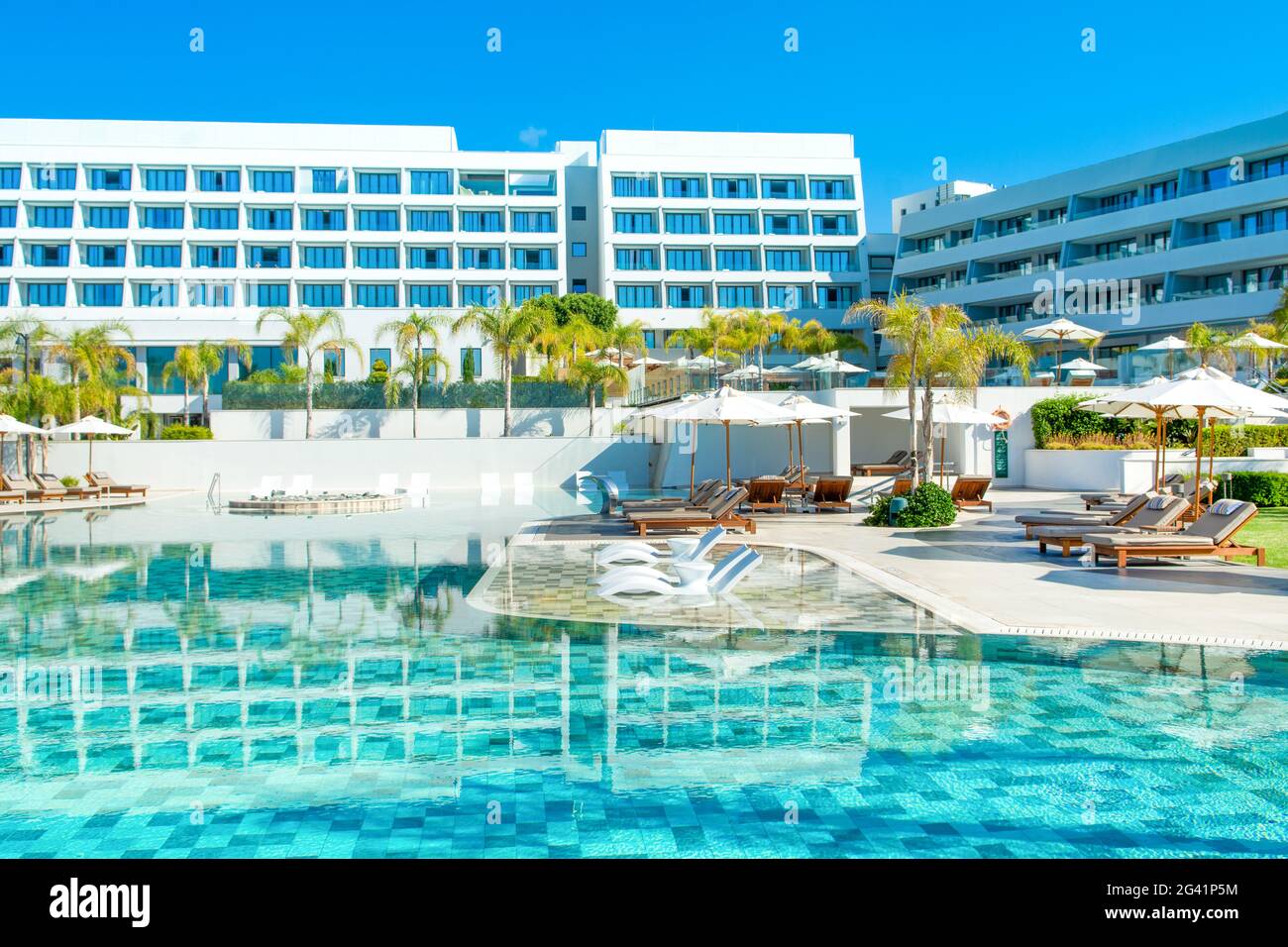 Limassol, Cyprus - May 19, 2021: Pool area in luxury modern hotel with ...