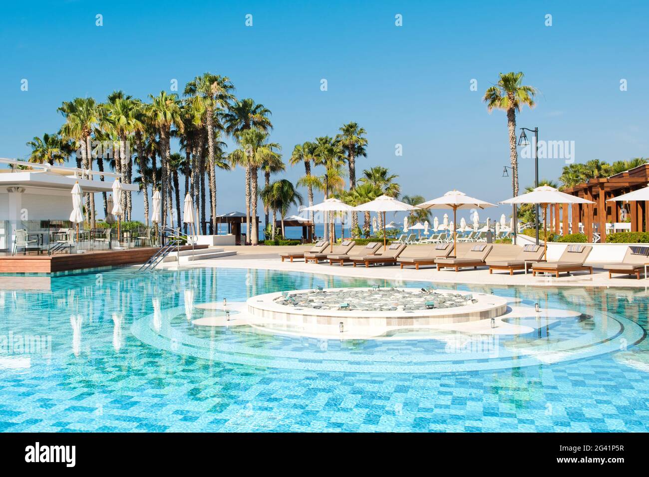 Limassol, Cyprus - May 19, 2021: Pool area in luxury modern hotel on ...