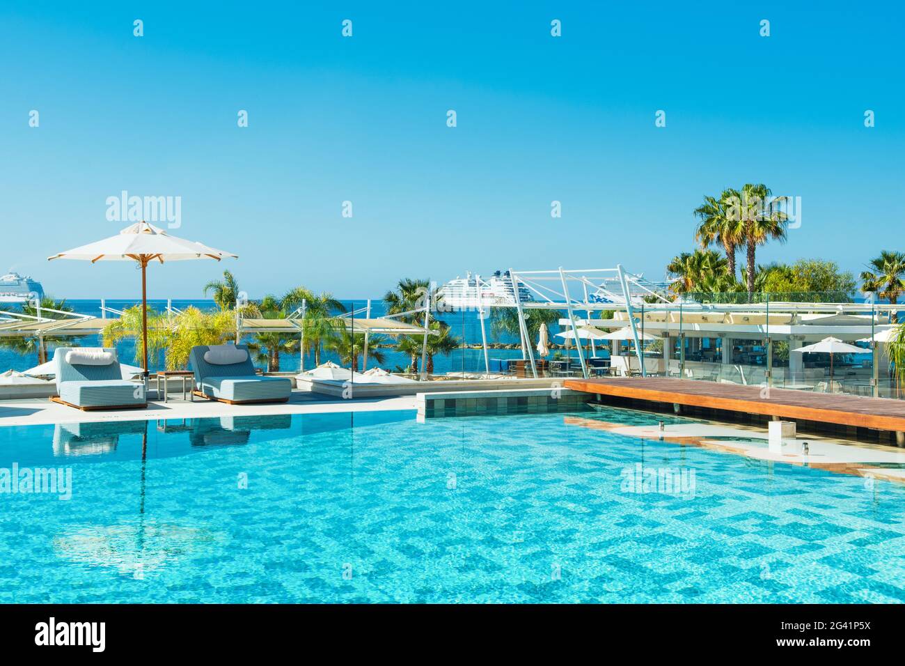 Limassol, Cyprus - May 19, 2021: Pool area in luxury modern hotel with ...