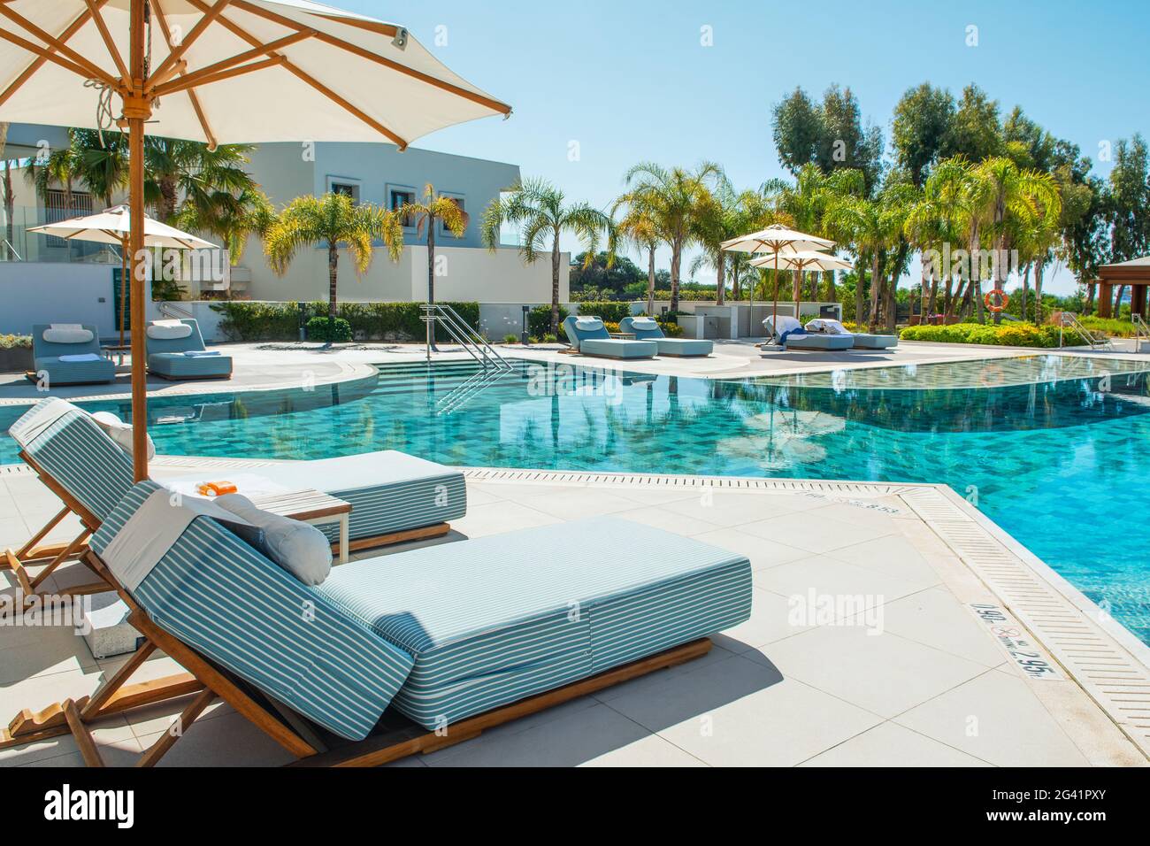 Limassol, Cyprus - May 19, 2021: Pool area in luxury modern hotel with ...