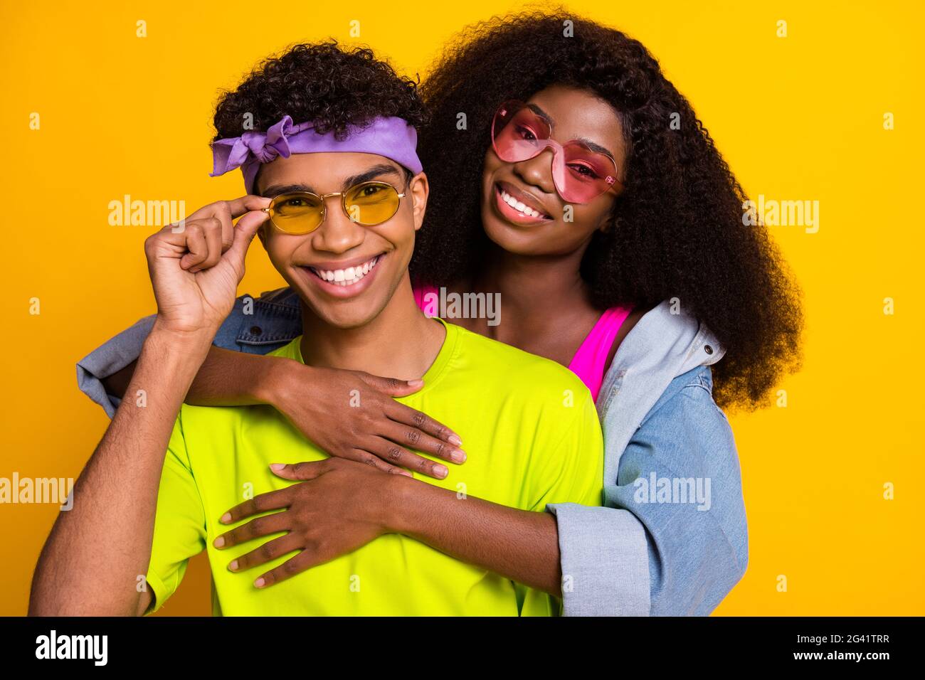 Portrait of attractive cheerful affectionate funky couple partners ...