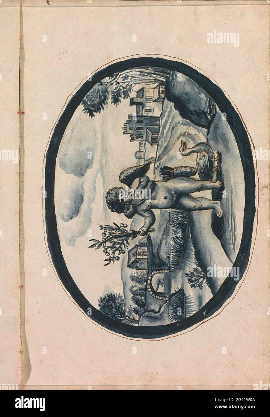 Putto with an olive branch and duck. The putto stands in a landscape ...