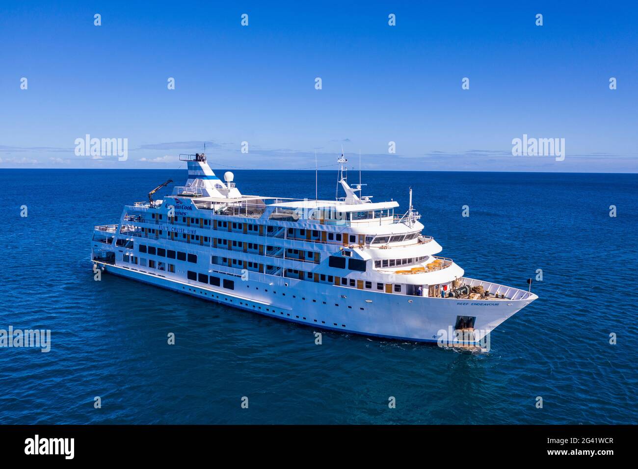 Aerial view of cruise ship MV Reef Endeavor (Captain Cook Cruises Fiji ...