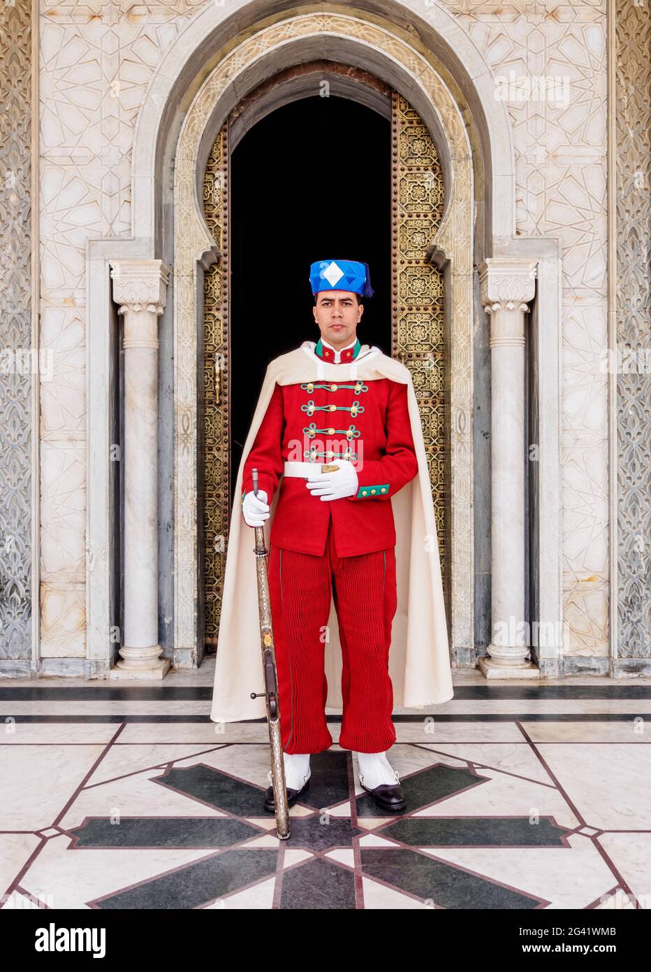 Royal guard in front of the Mausoleum of Mohammed V, Rabat, Rabat-Sale ...