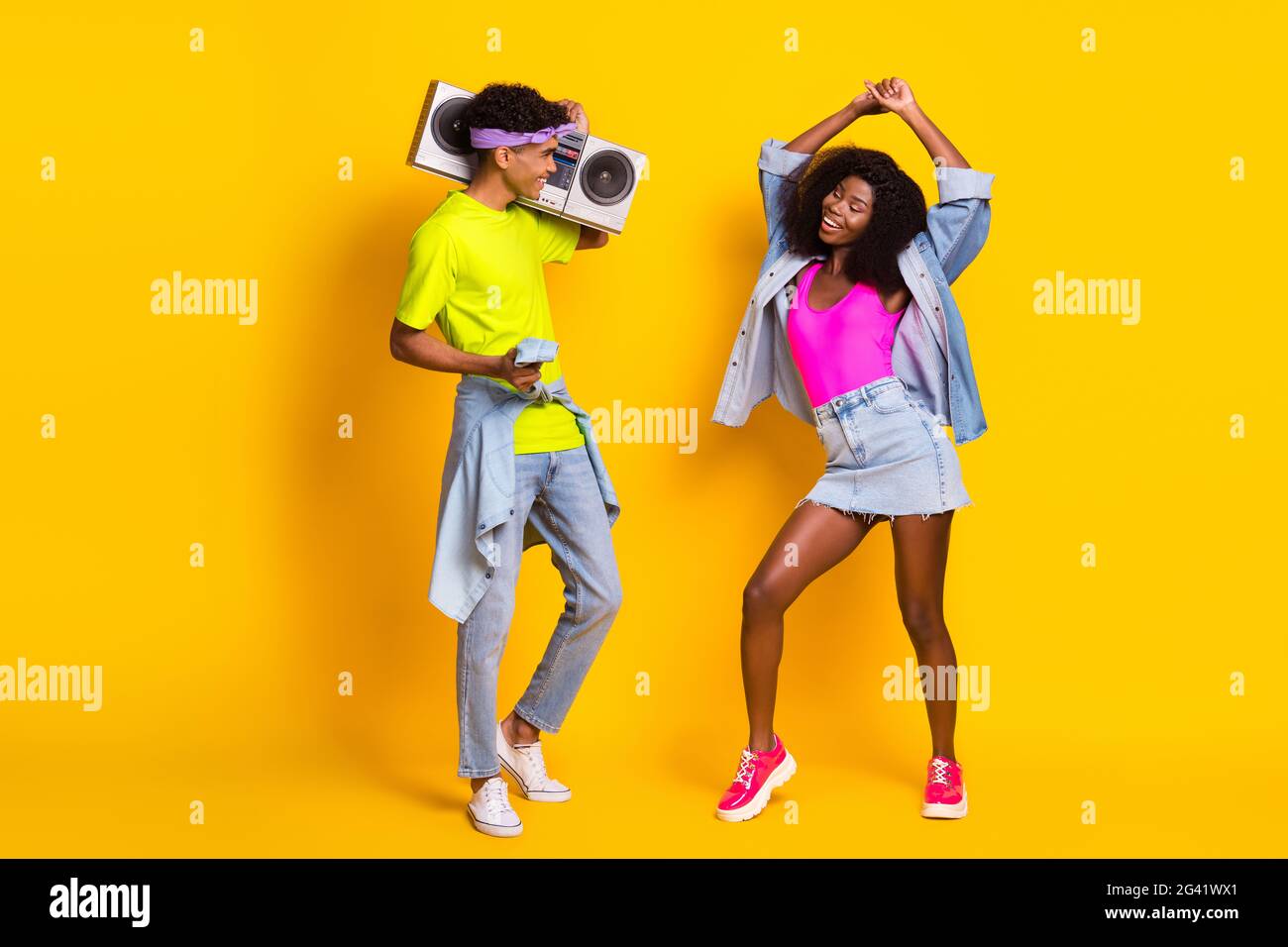 Full length body size view of handsome beautiful cheerful couple ...