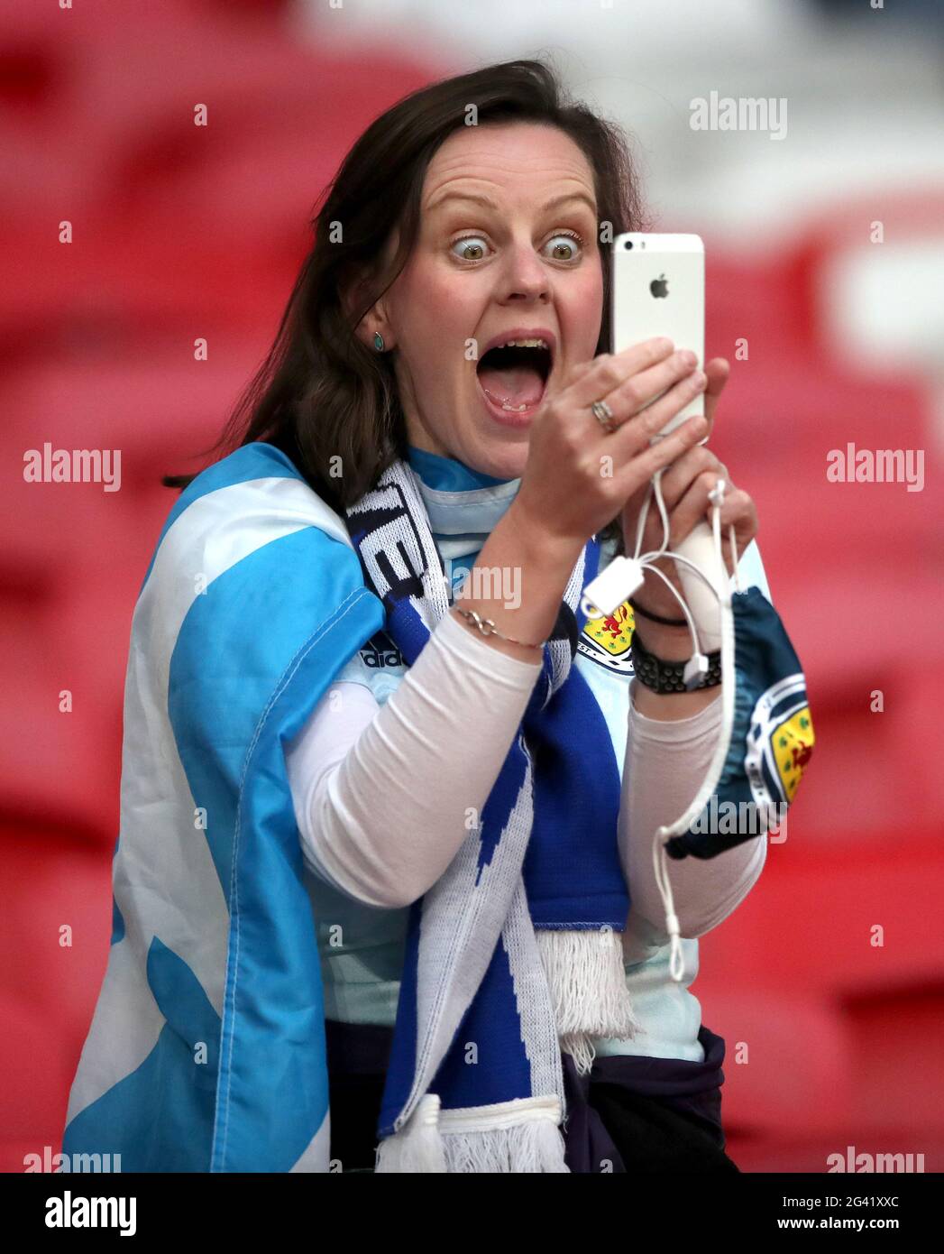 A Scotland fan shows her support in the stands prior to the UEFA Euro ...
