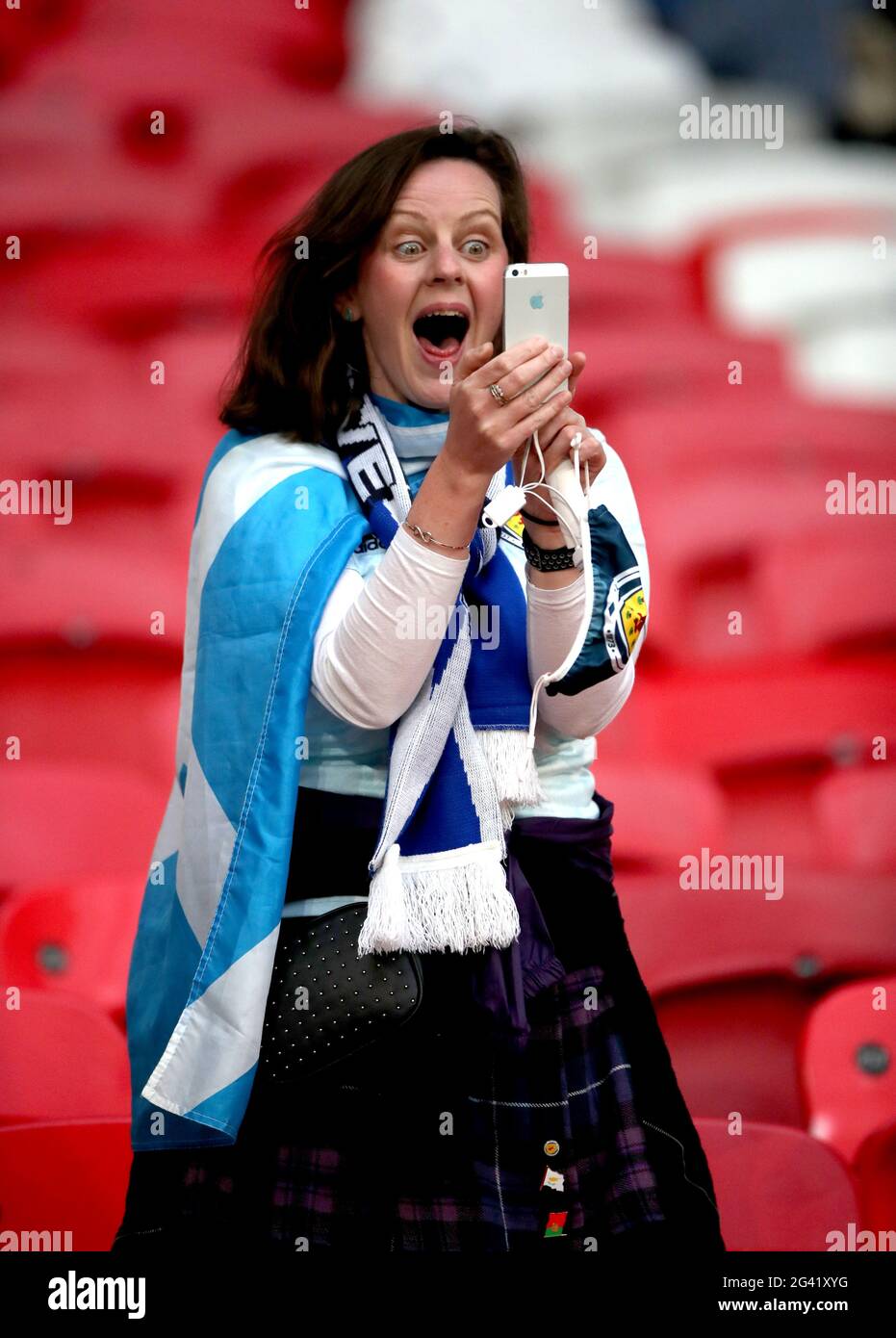 A Scotland fan shows her support in the stands prior to the UEFA Euro ...