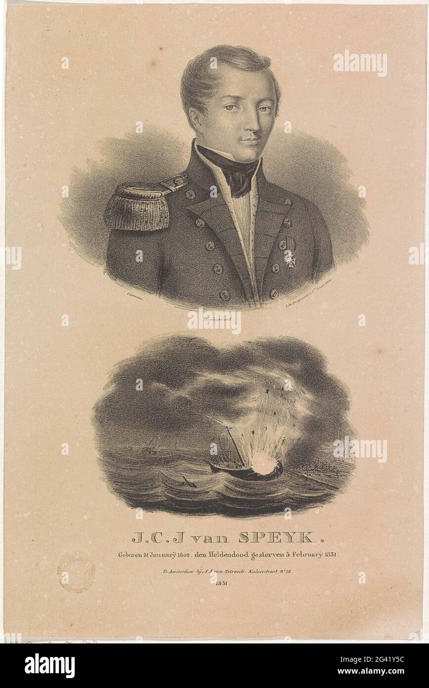 Portrait of Jan van Speijk and the explosion of his ship. The portrait ...