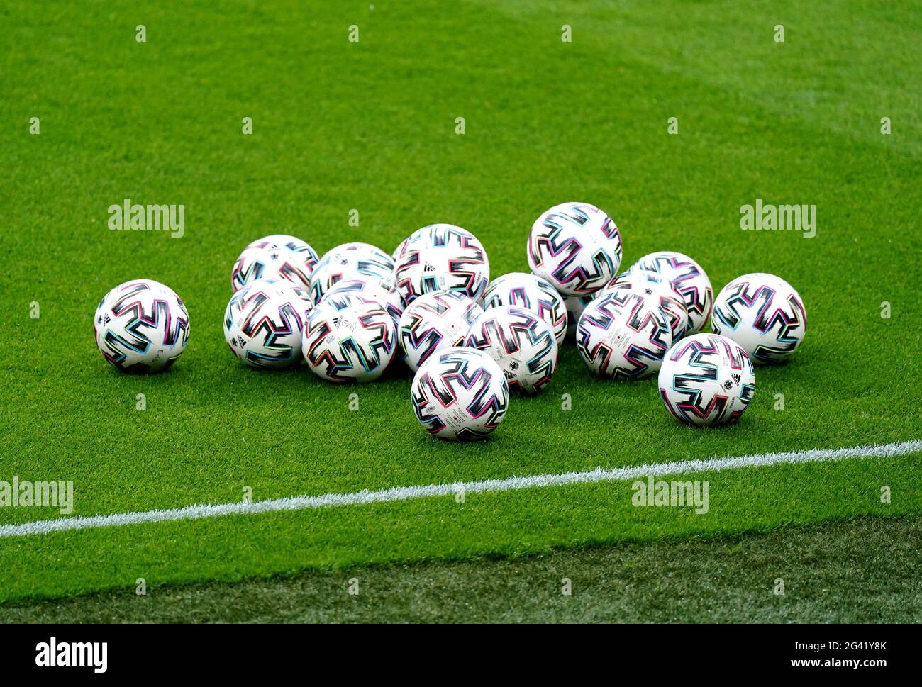A general view of balls on the pitch ahead of the UEFA Euro 2020 Group ...