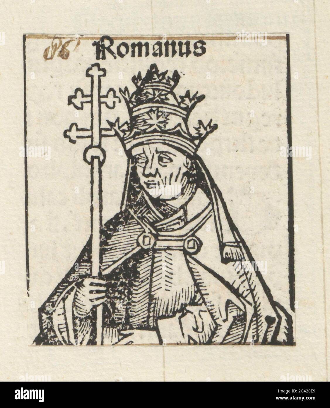Pope Romanus; Romanus; Liber chronicarum. A pope. He wears a tiara and ...