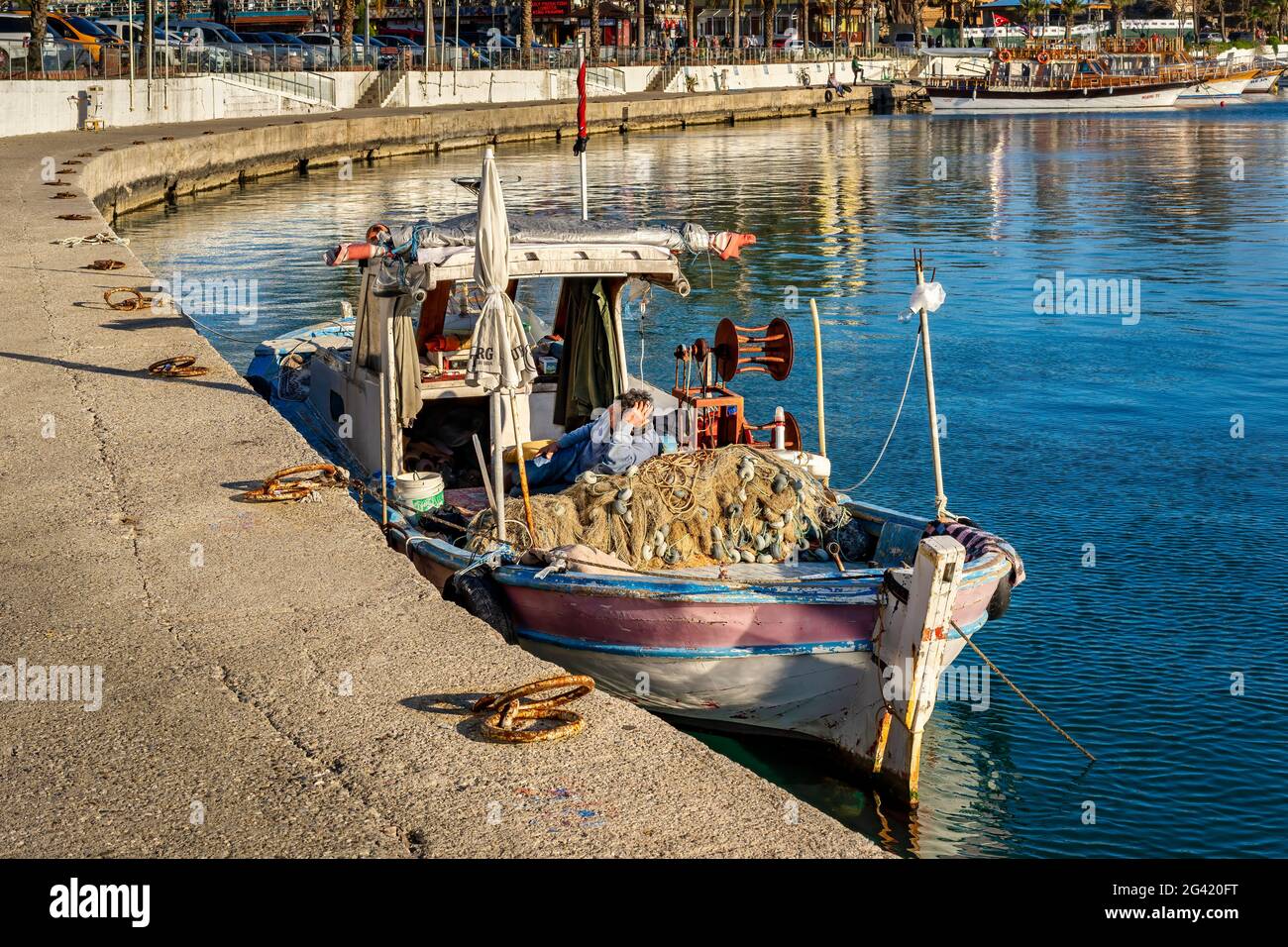 Fishing boat in Side, Turkish Riviera, Turkey, Western Asia Stock Photo ...